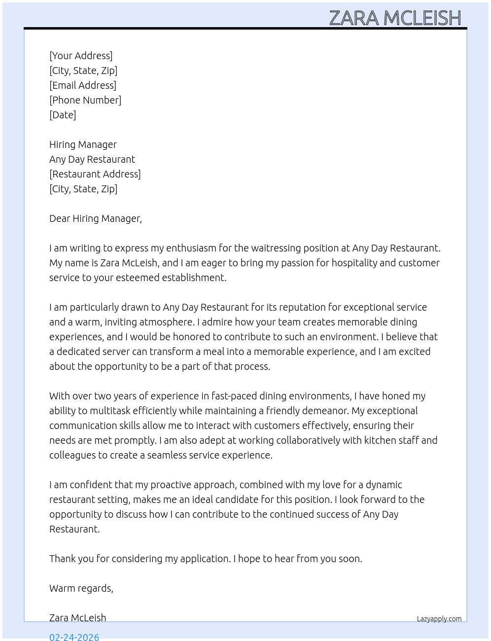 Cover letter for waitressing - LazyApply