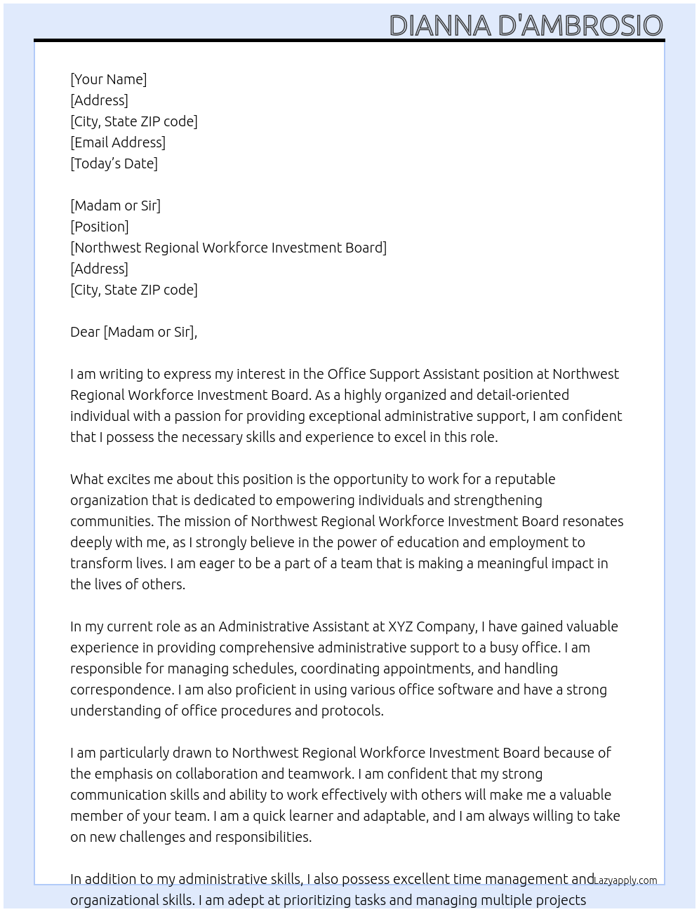 Cover letter for office support assistant - LazyApply