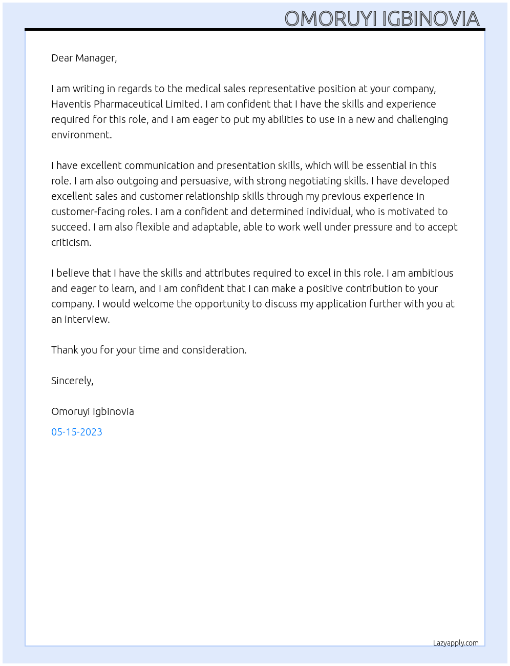 Cover letter for medical sales representative - LazyApply