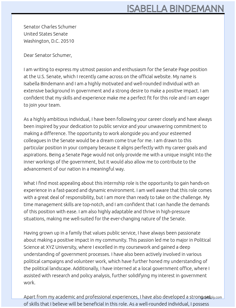 Cover letter for senate page - LazyApply