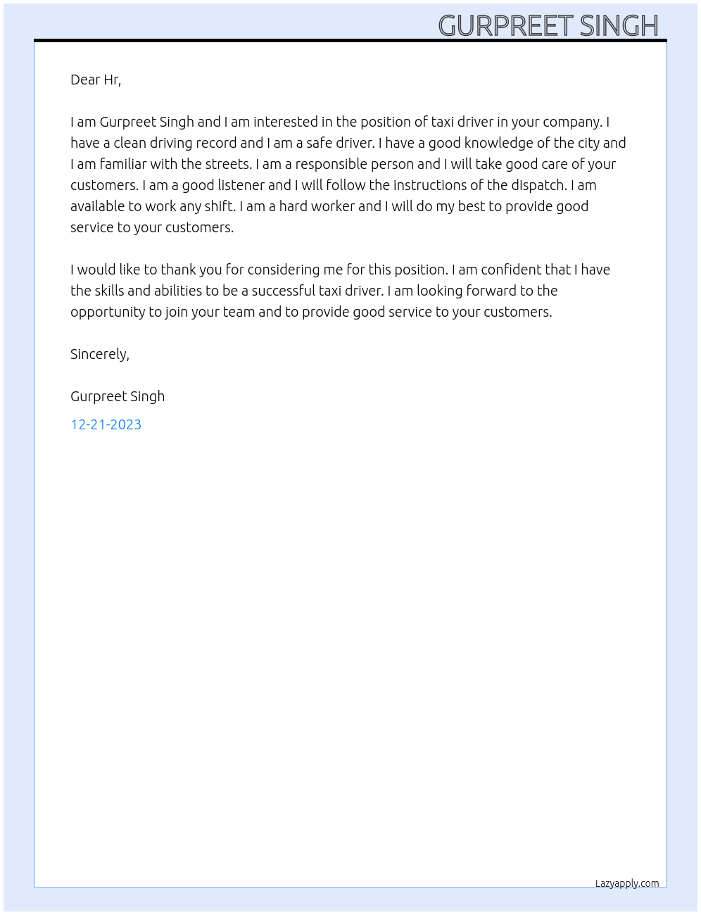 Cover letter for taxi driver - LazyApply
