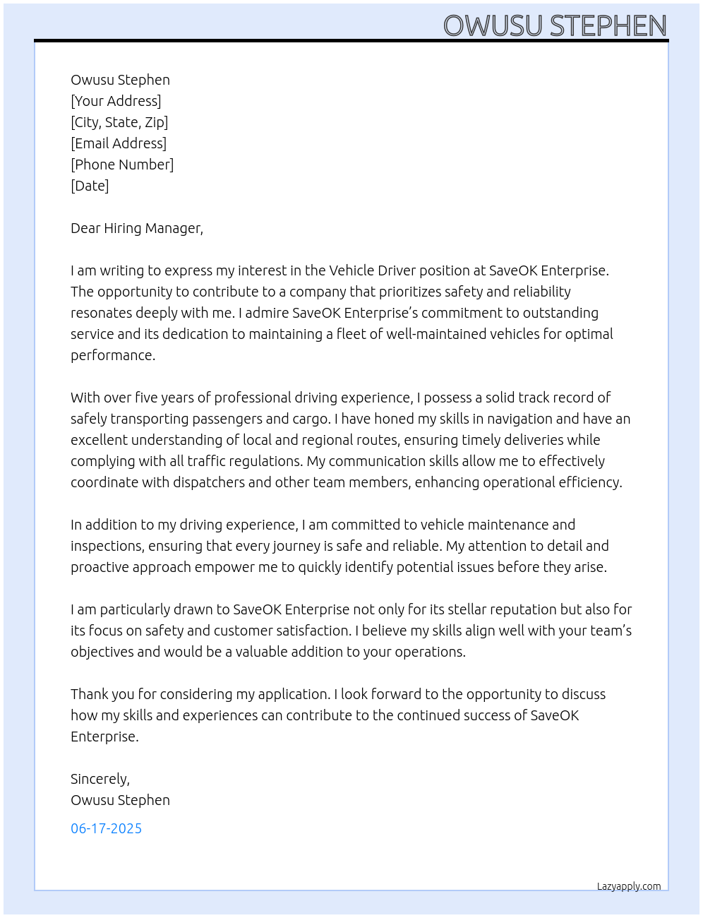 Cover letter for vehical driver - LazyApply