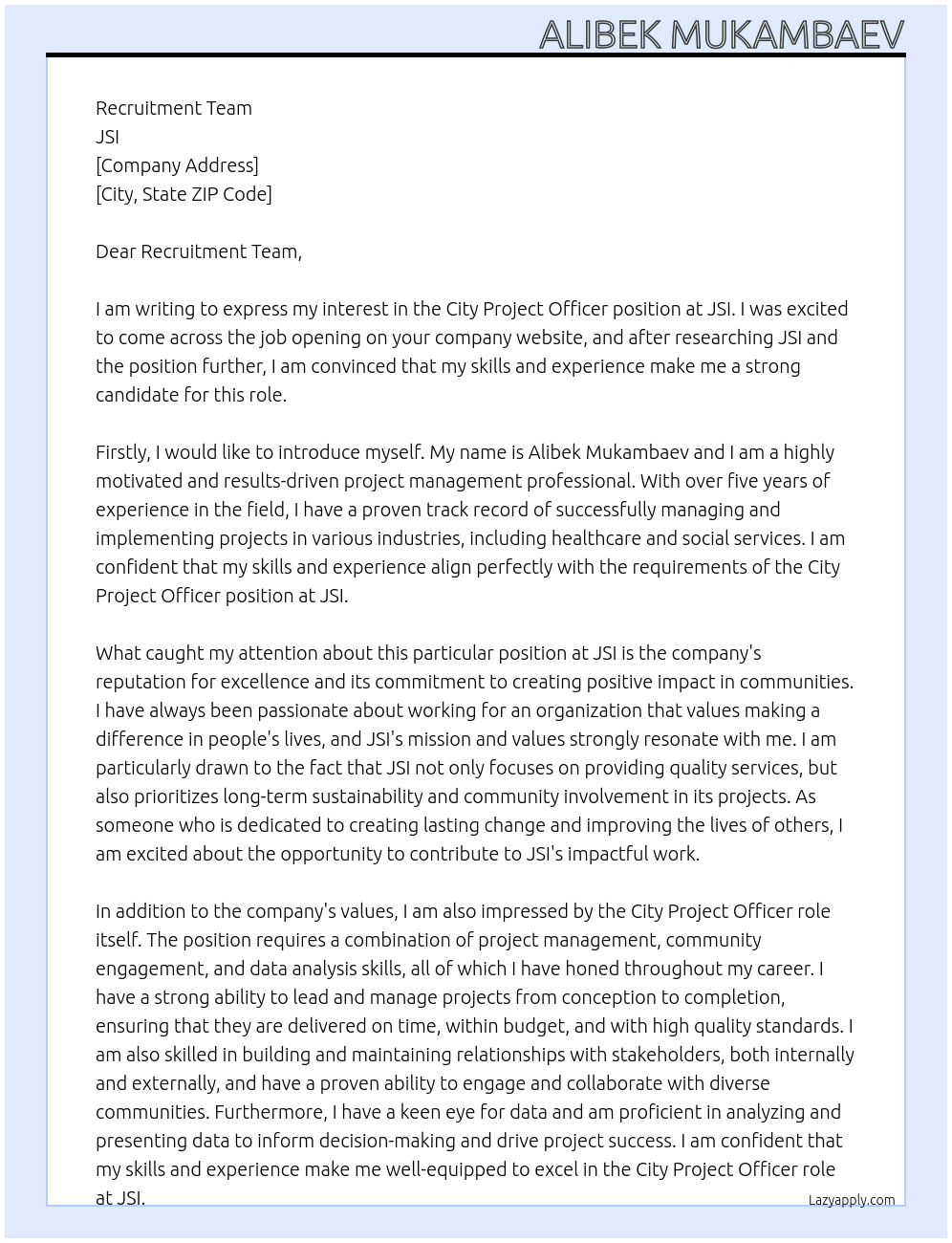 Cover letter for city project officer - LazyApply