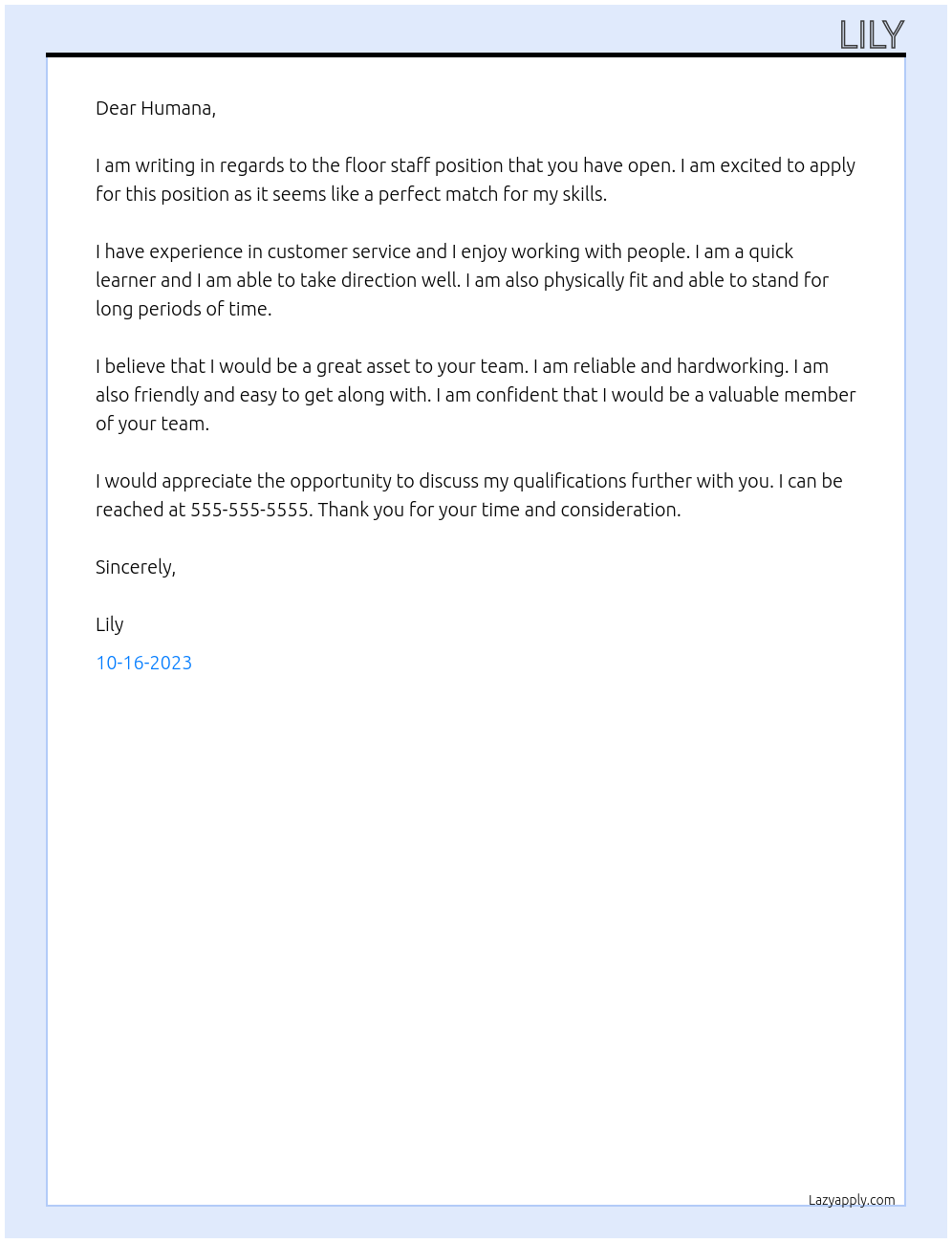 Cover letter for floor staff - LazyApply