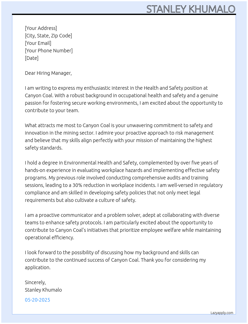 Cover letter for health and safety - LazyApply