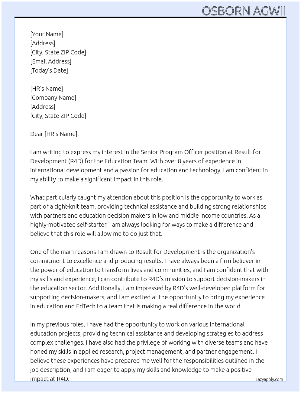 Cover letter for senior program officer - LazyApply