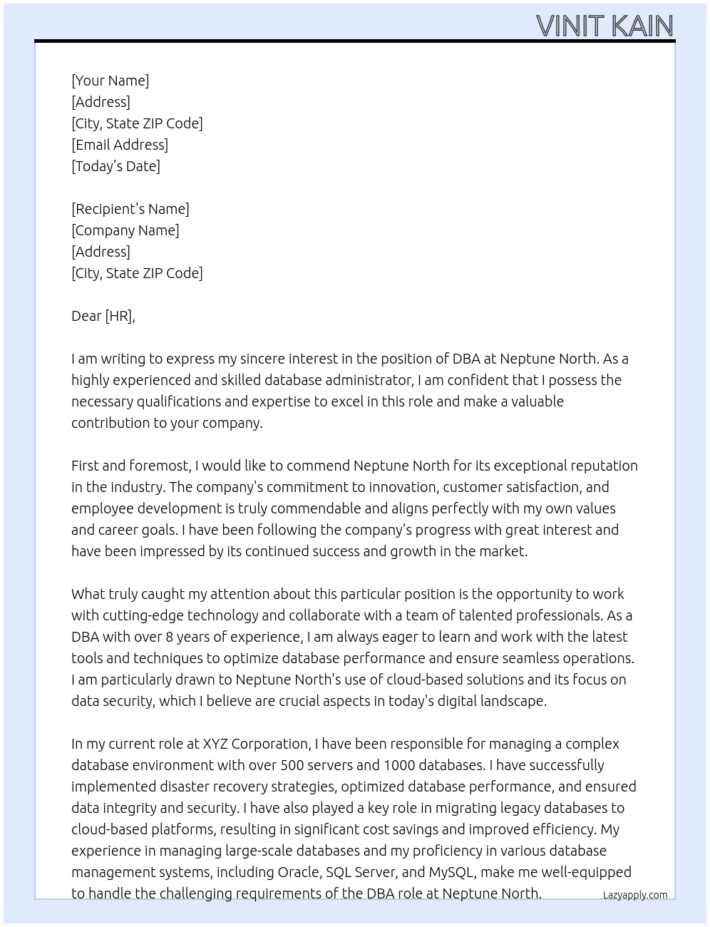 Cover letter for dba - LazyApply