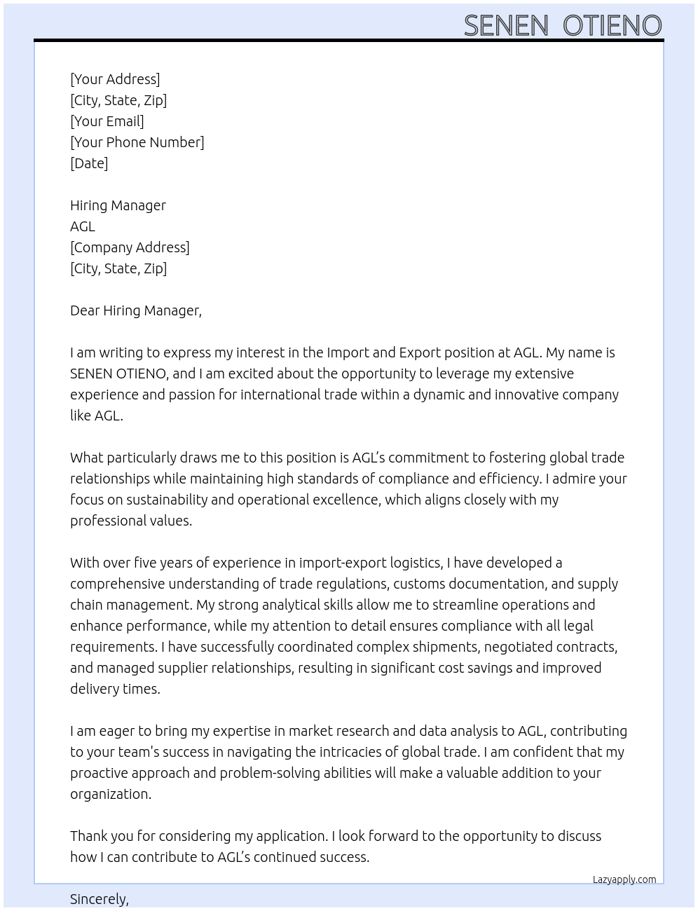 Cover letter for import and export - LazyApply