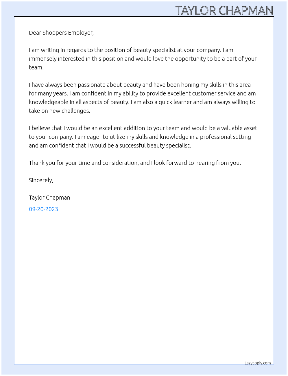 Cover letter for beauty specialist - LazyApply