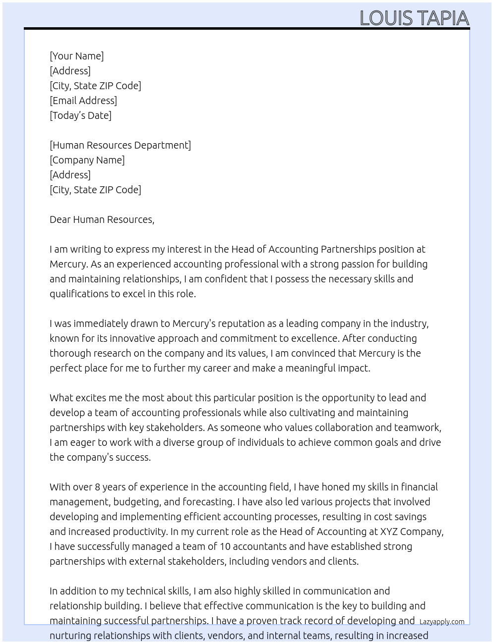 Cover letter for Mercury - LazyApply