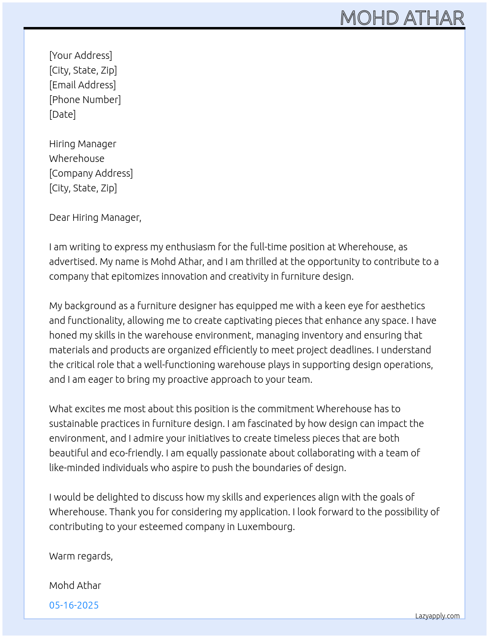Cover letter for wherehouse - LazyApply