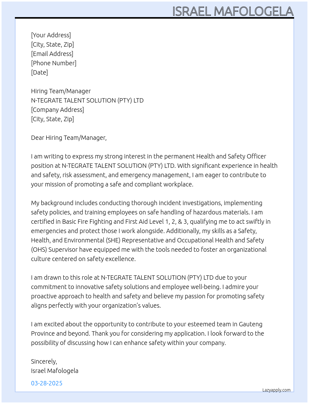 Cover letter for health and safety officer, - LazyApply