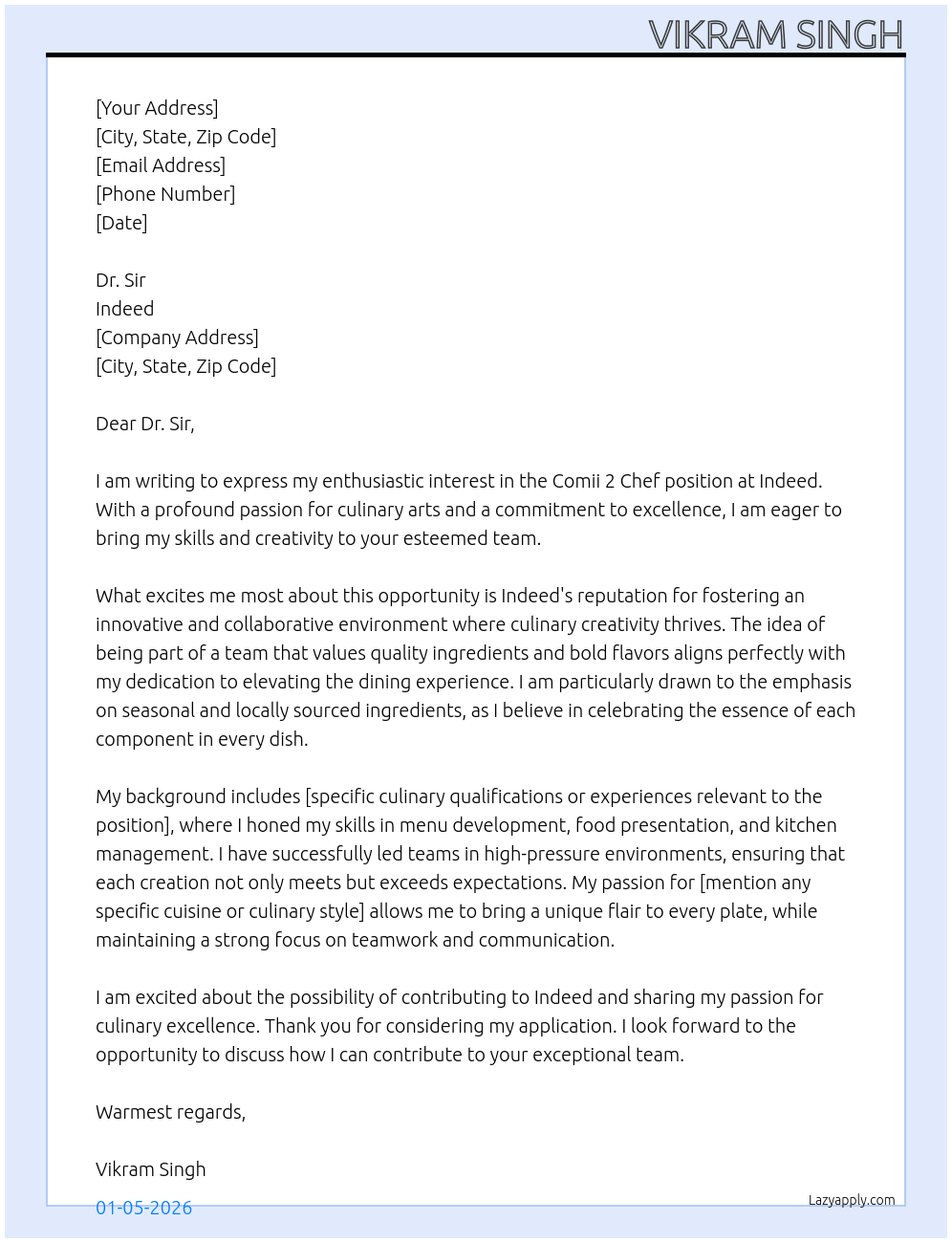Cover letter for comii 2 chef - LazyApply