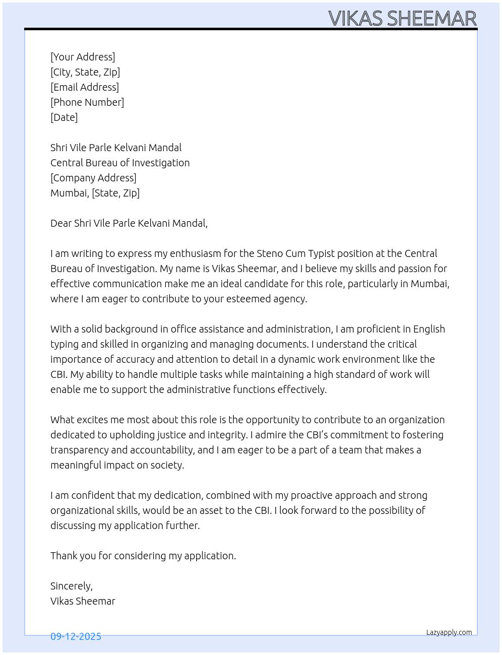 Cover letter for steno cum typist - LazyApply