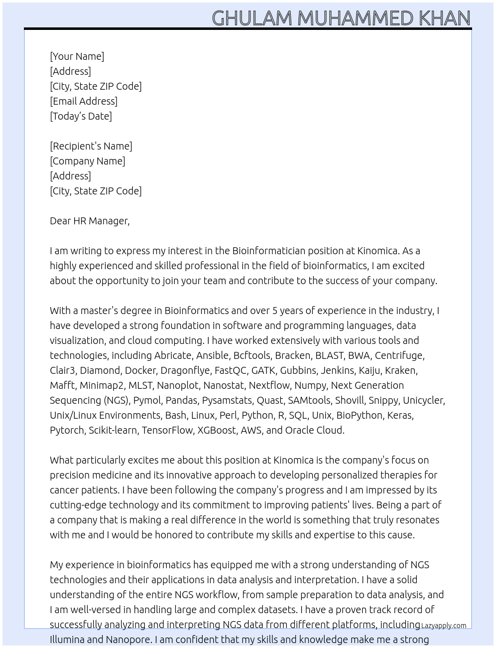 Cover letter for bioinformatician - LazyApply