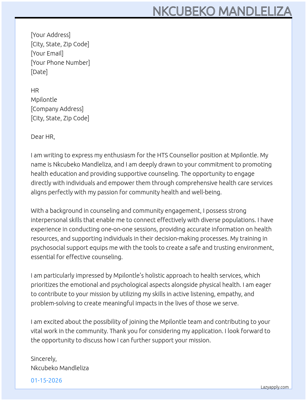 Cover letter for hts counsellor - LazyApply