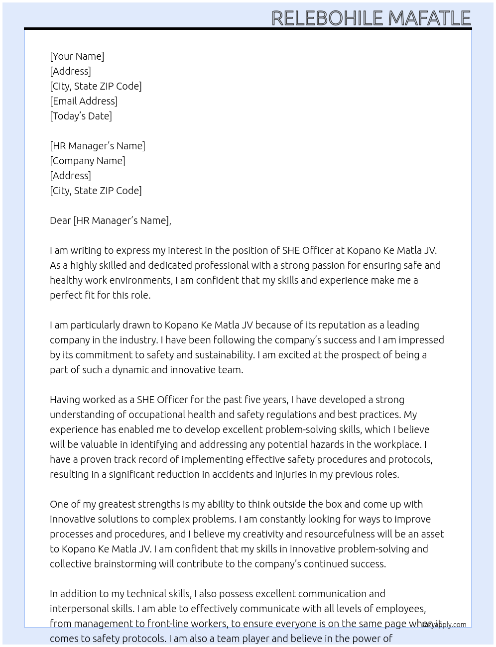 Cover letter for she officer - LazyApply