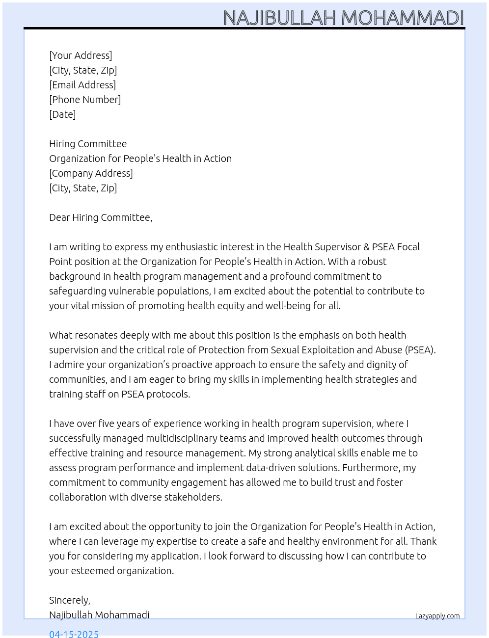 Cover letter for health supervisor & psea focal point - LazyApply