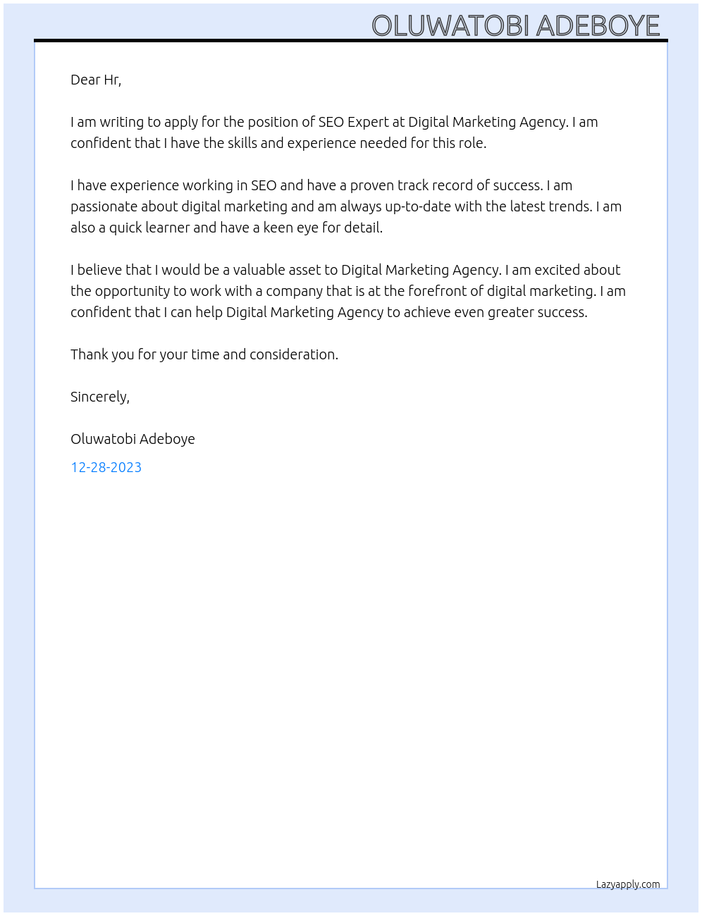 Cover letter for seo expert - LazyApply
