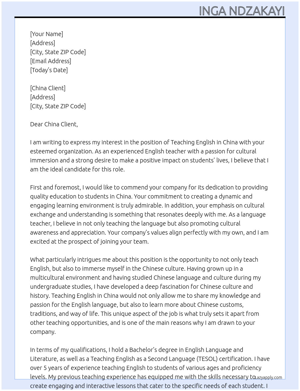 Cover letter for teaching english in china - LazyApply