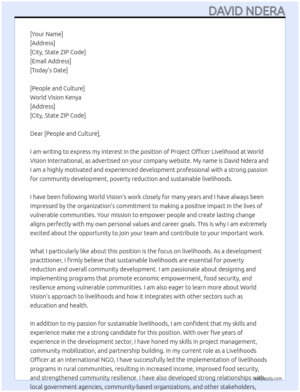 Cover letter for project officer/ livelihood - LazyApply