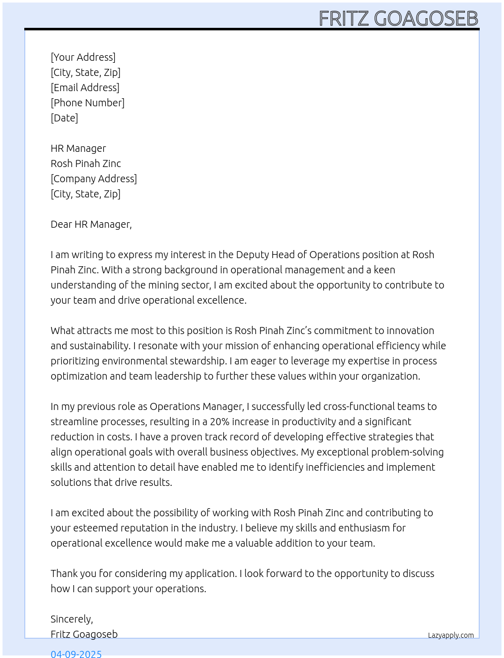 Cover letter for deputy head of operations - LazyApply