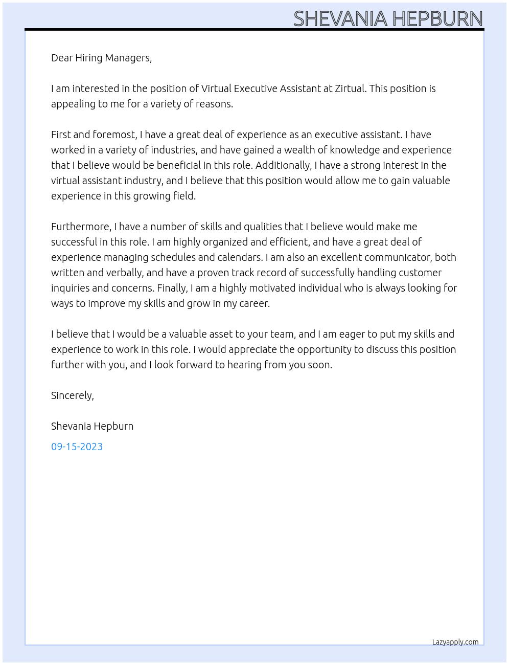 Cover letter for virtual executive assistant - LazyApply
