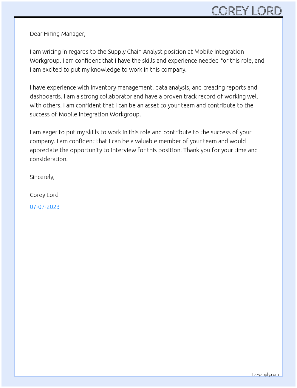 Cover letter for supply chain analyst - LazyApply