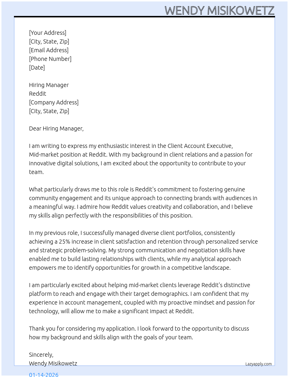 Cover letter for client account executive, mid-market - LazyApply