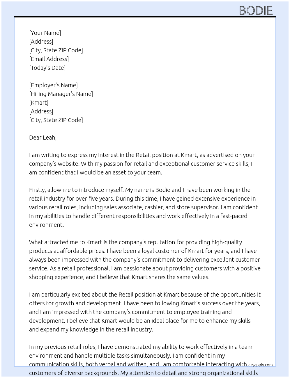 Cover letter for retail - LazyApply
