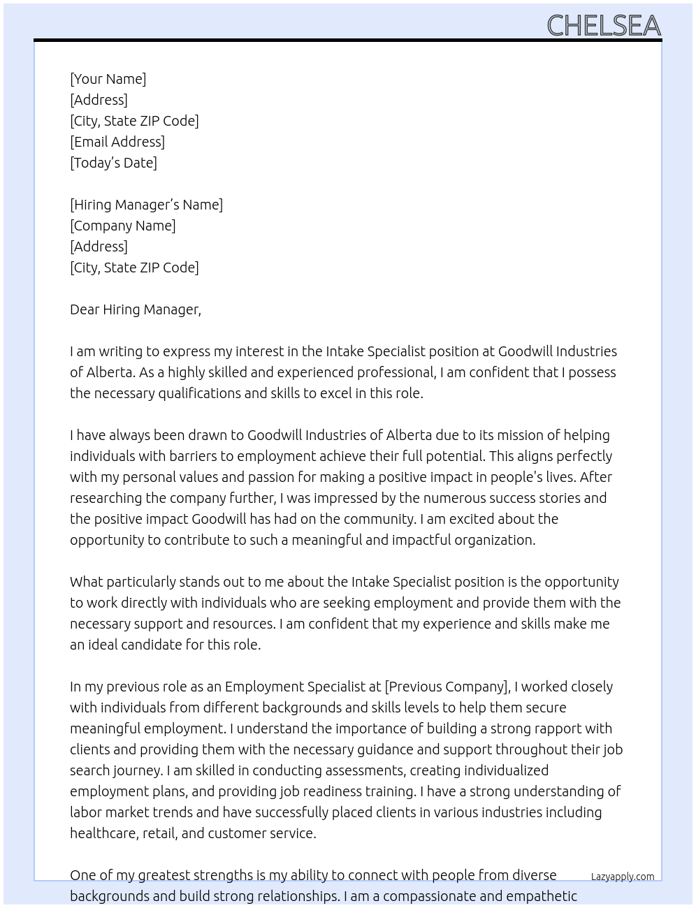 Cover letter for intake specialist - LazyApply