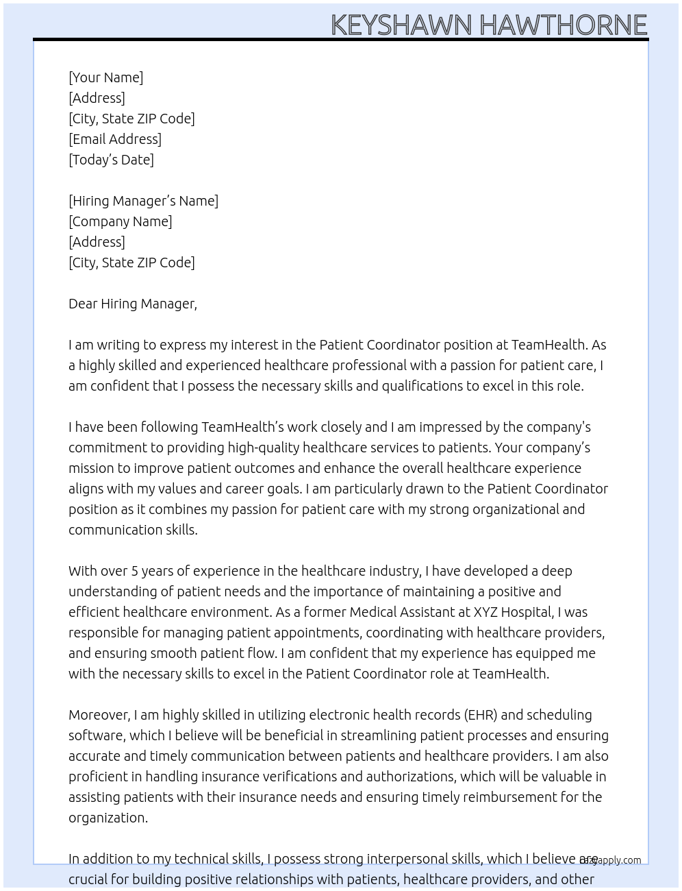 Cover letter for patient coordinator - LazyApply