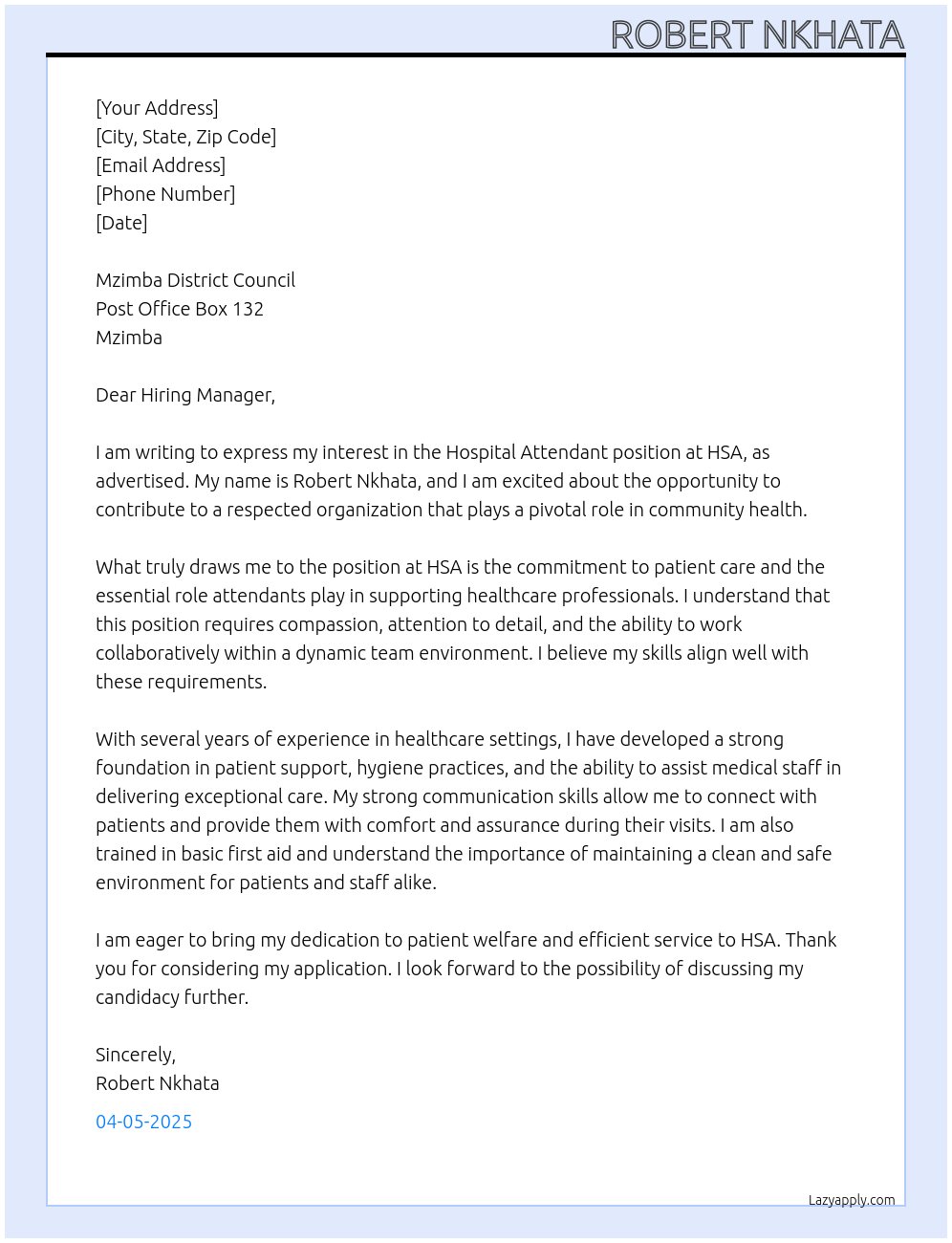 Cover letter for hospital attendant - LazyApply