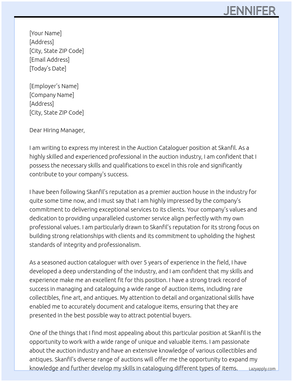 Cover letter for auction cataloguer - LazyApply