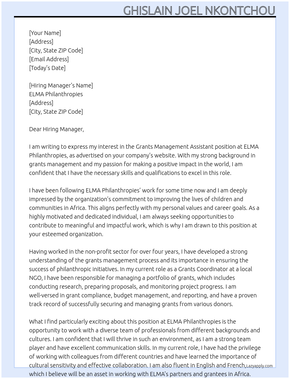 Cover letter for grants management assistant - LazyApply