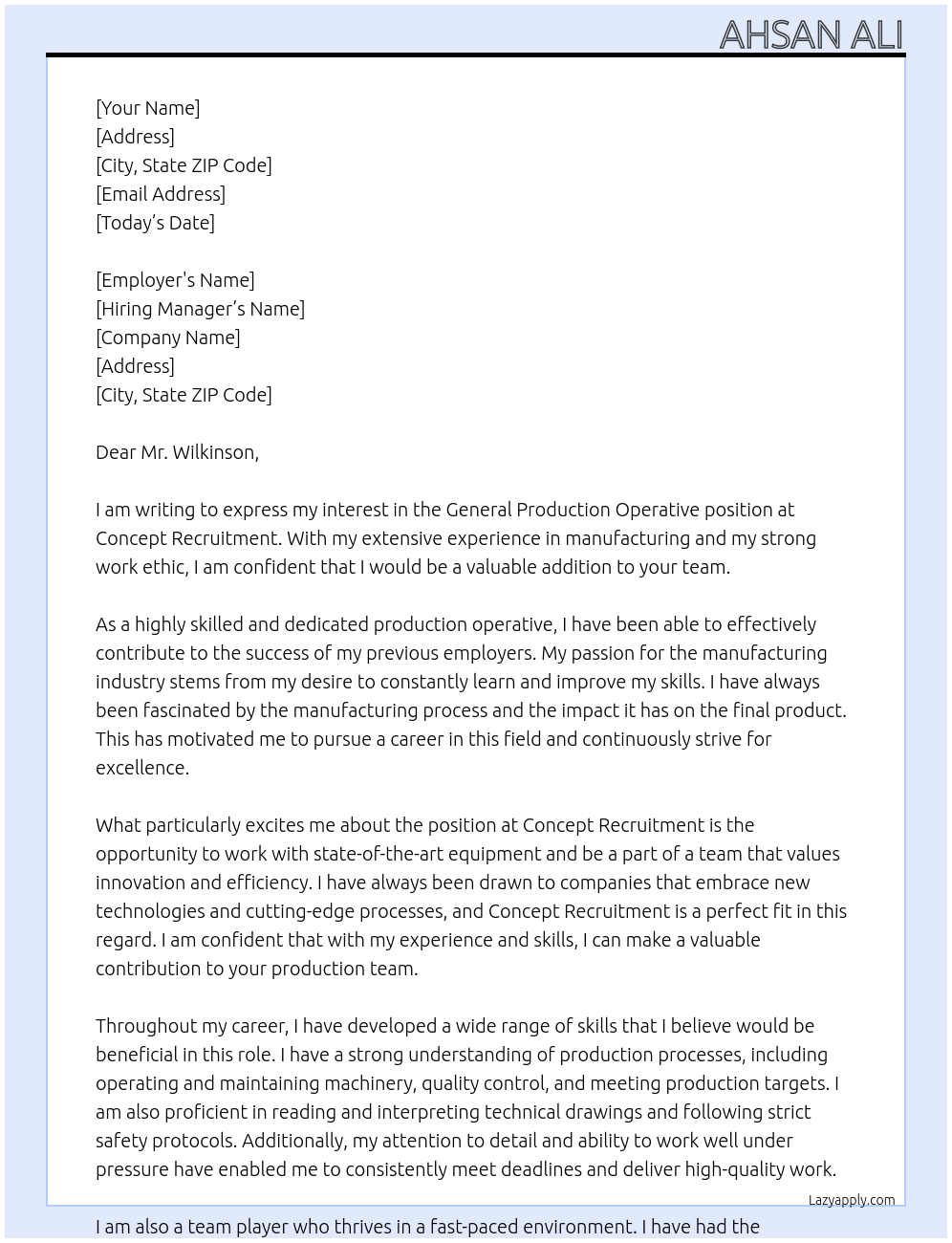 Cover letter for general production operative - LazyApply