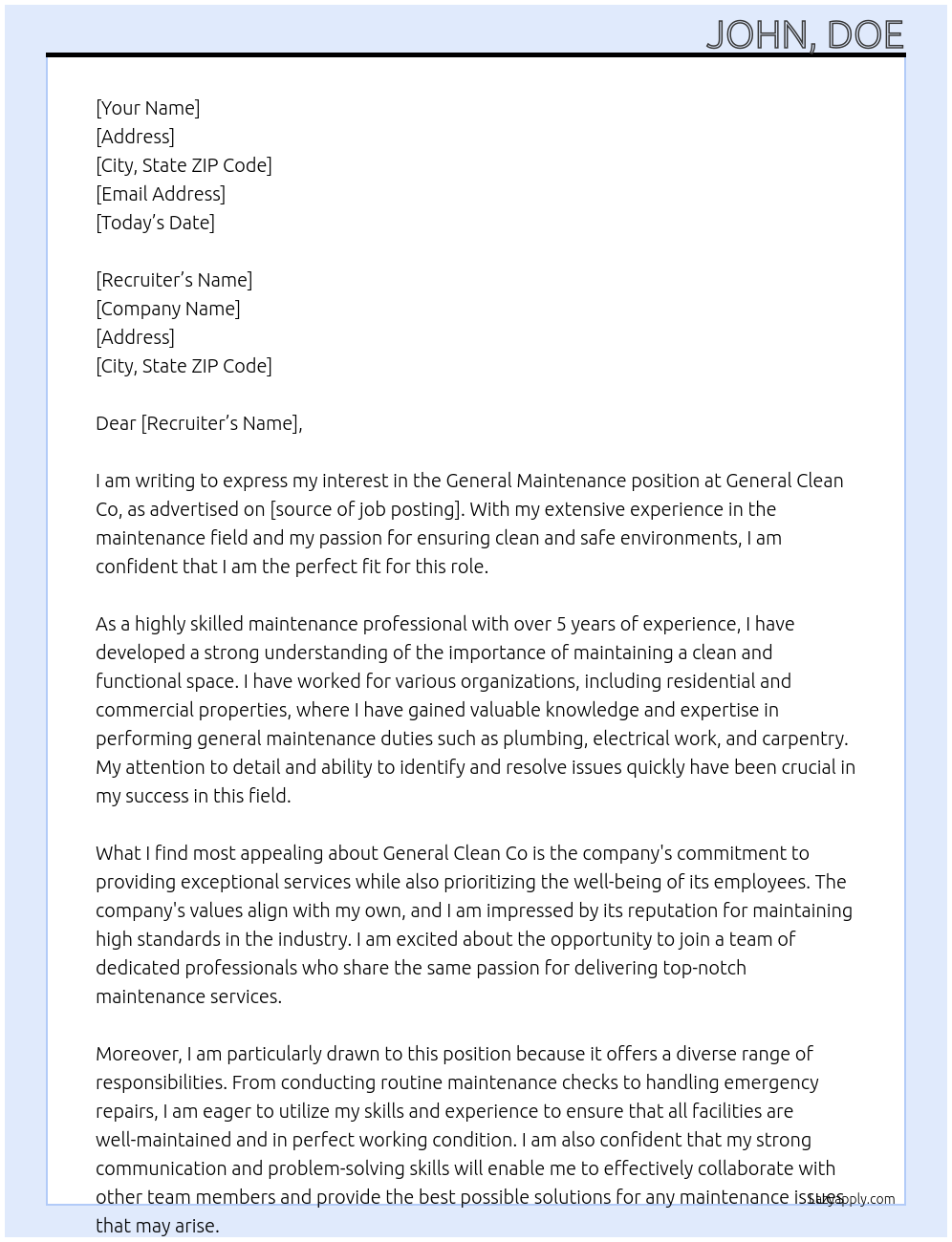 Cover letter for general maintenance - LazyApply