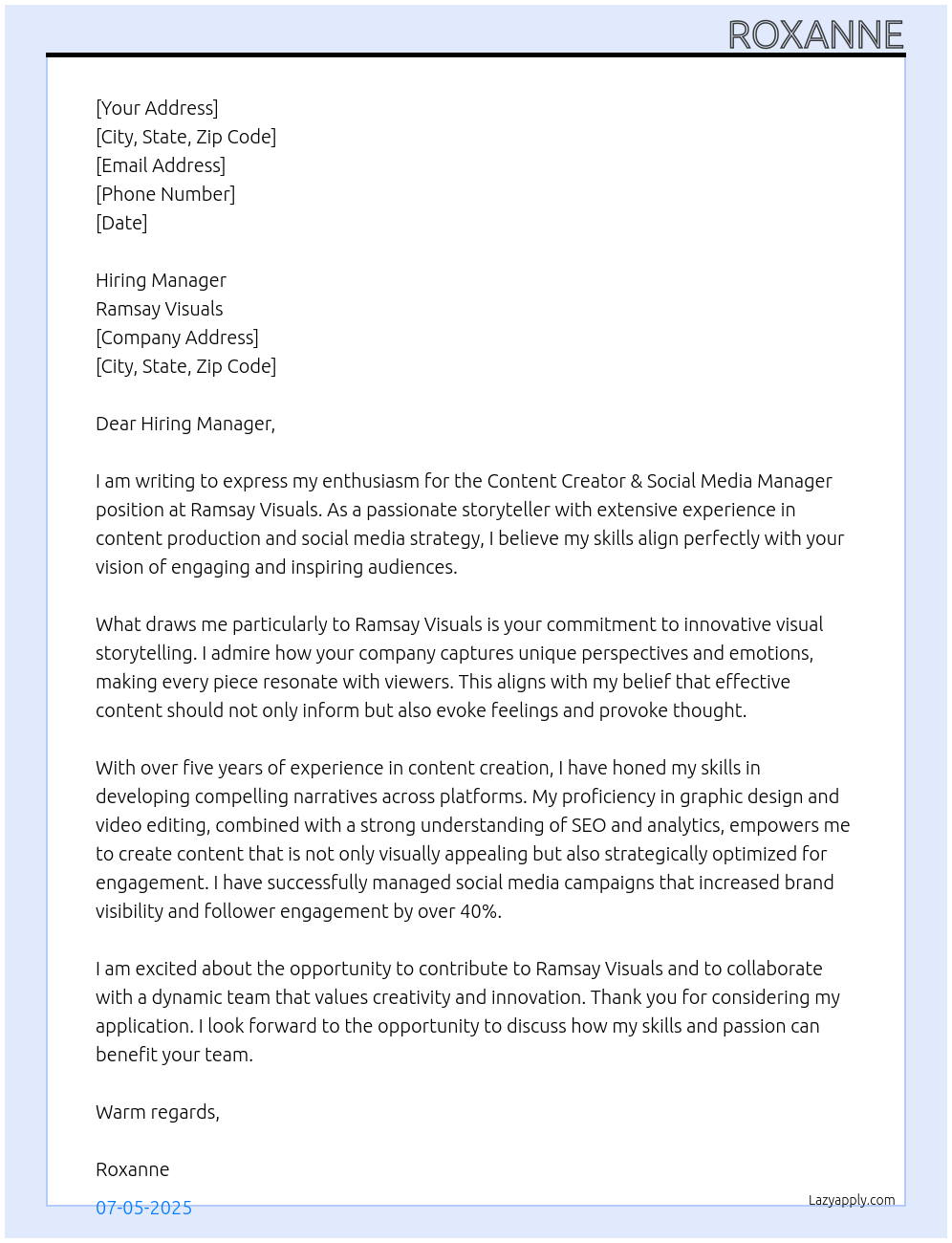 Cover letter for content creator & social media manager - LazyApply