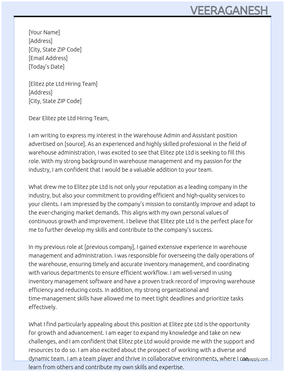 Cover letter for warehouse admin and assistant - LazyApply