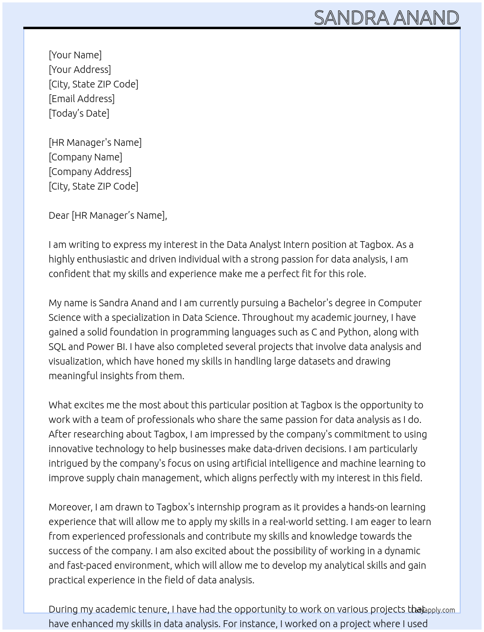 Cover letter for data analyst intern - LazyApply
