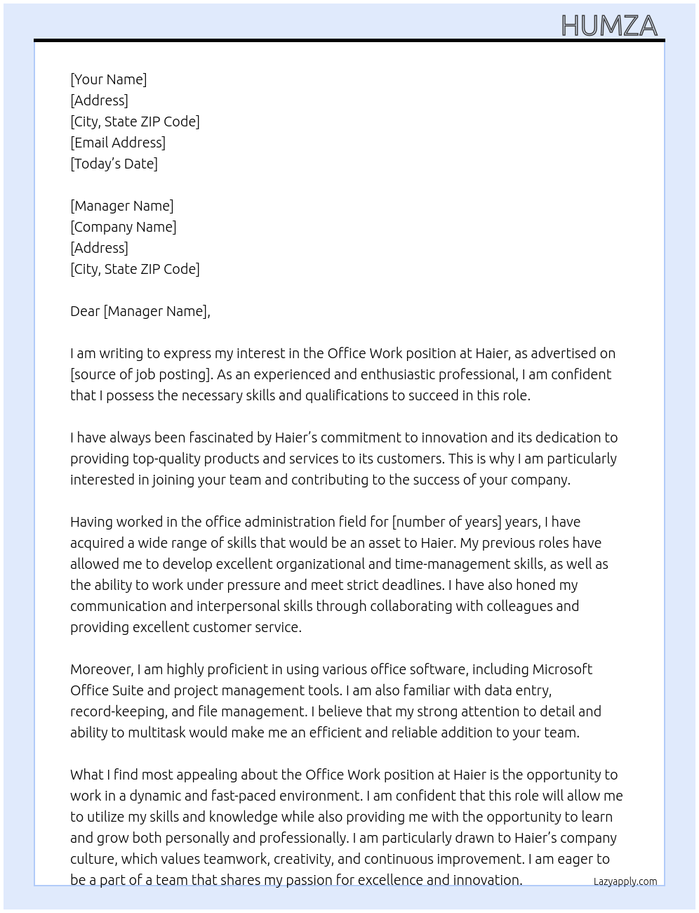 Cover letter for office work - LazyApply