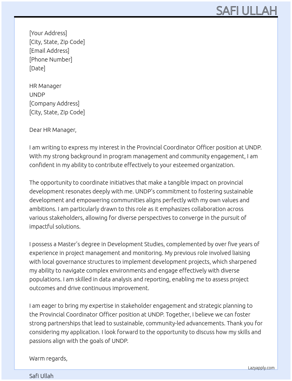 Cover letter for provincial coordinater officer - LazyApply