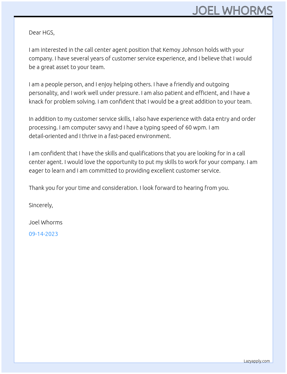 Cover letter for call center agent - LazyApply