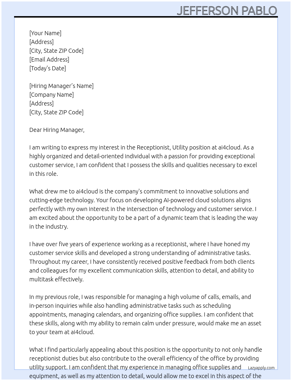 Cover letter for receptionist, utility - LazyApply