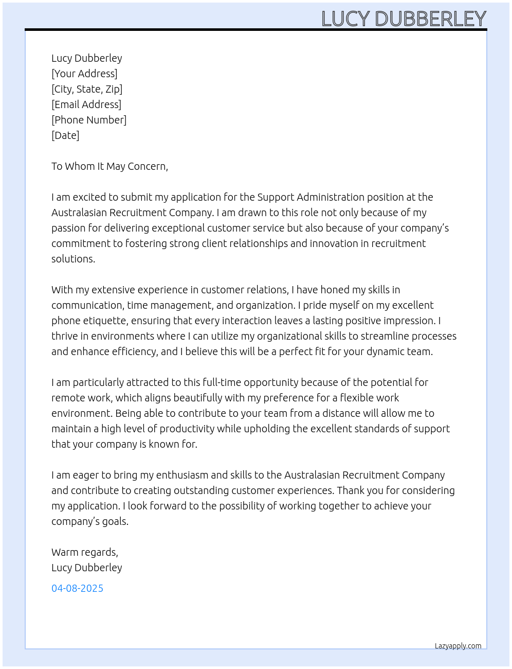 Cover letter for support administration - LazyApply