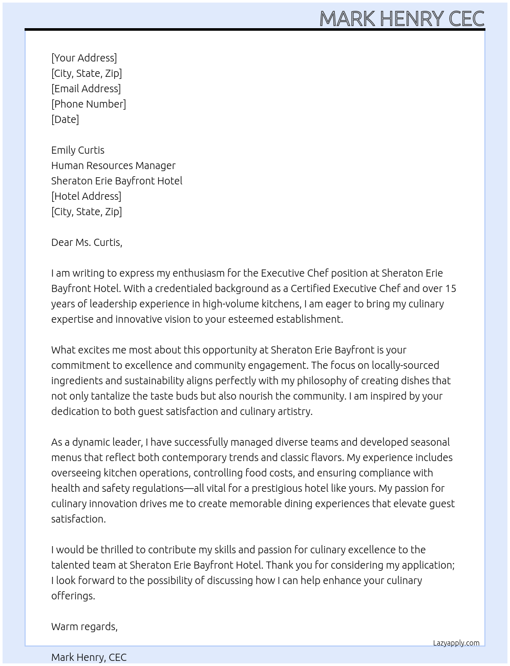 Cover letter for executive chef - LazyApply