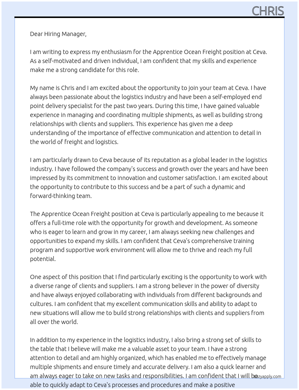 Cover letter for apprentice ocean freight - LazyApply