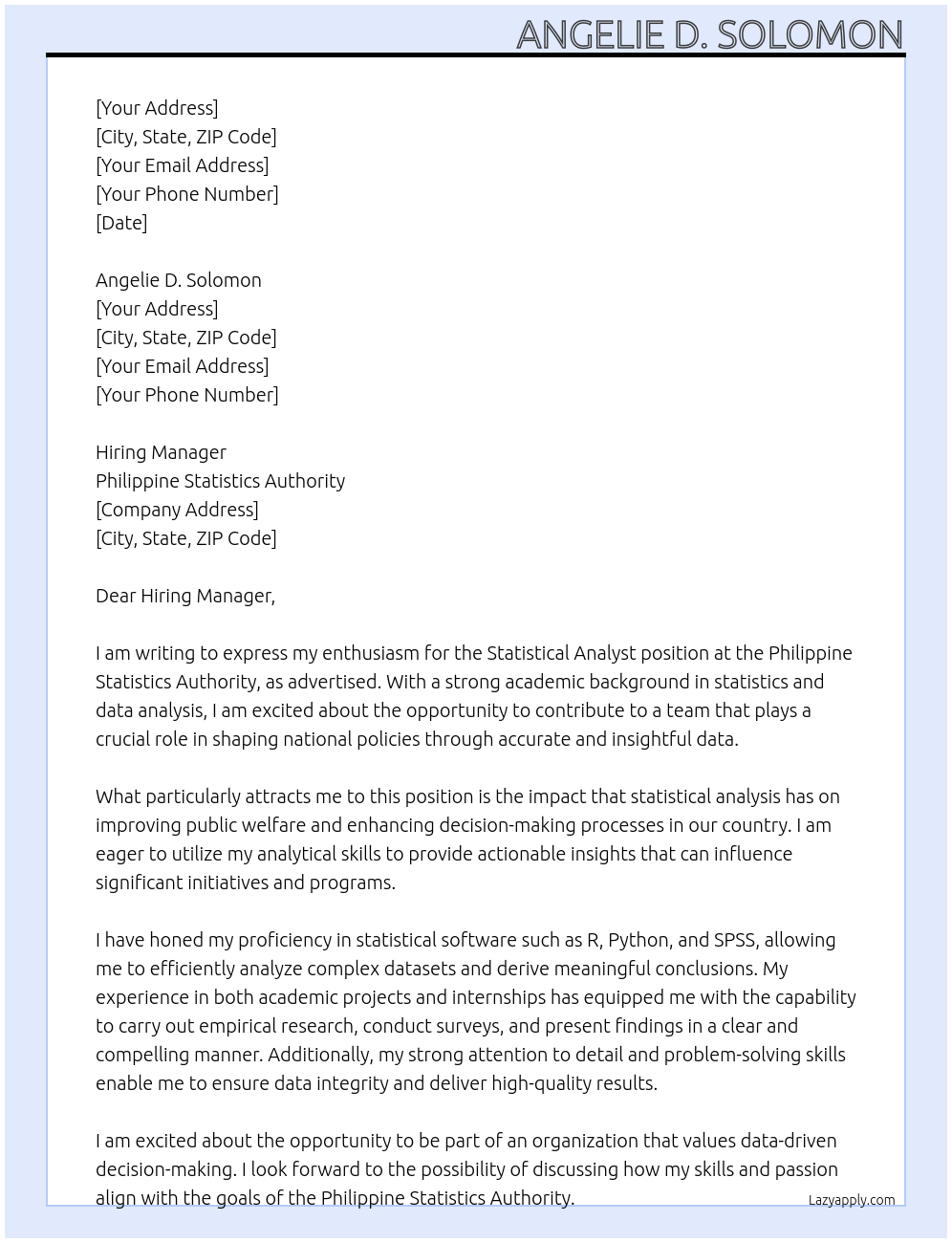 Cover letter for statistical analyst - LazyApply