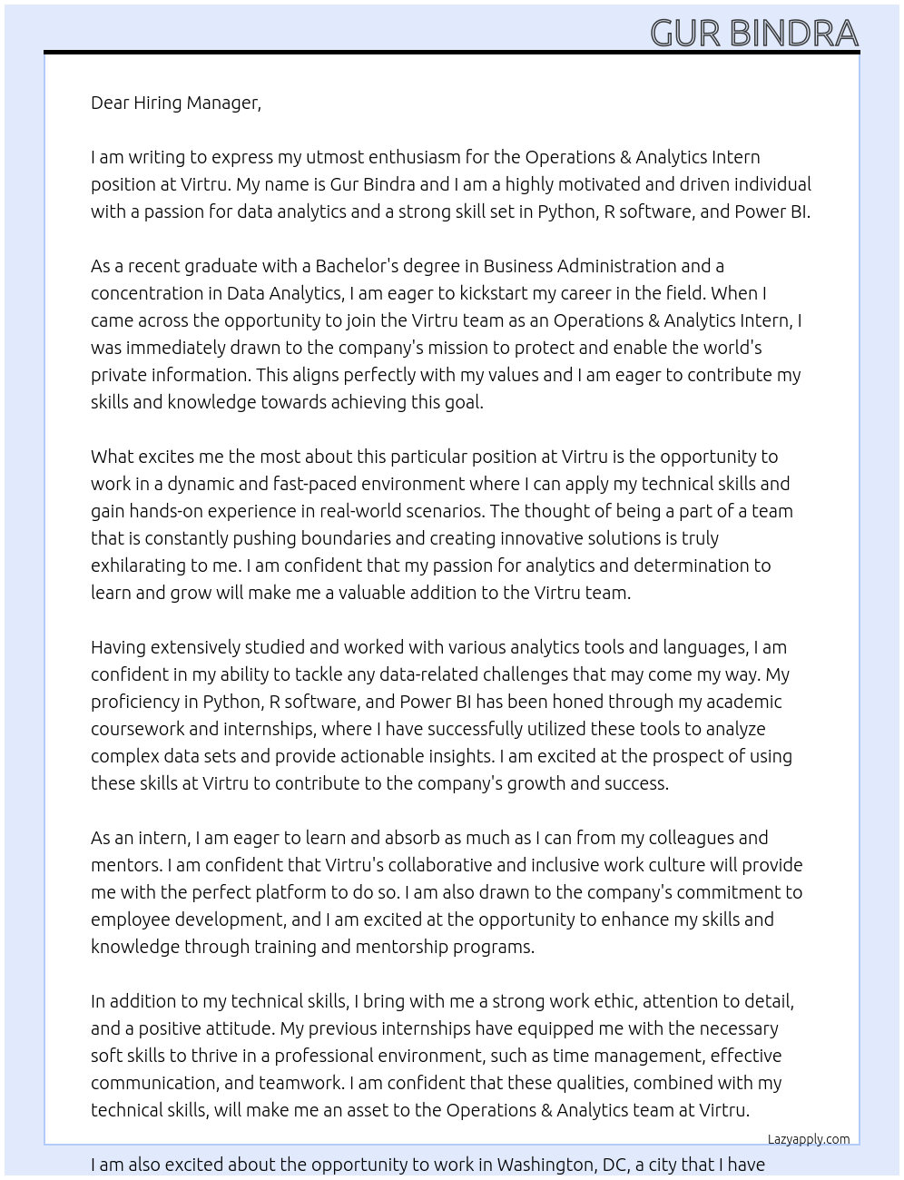 Cover letter for operations & analytics intern - LazyApply