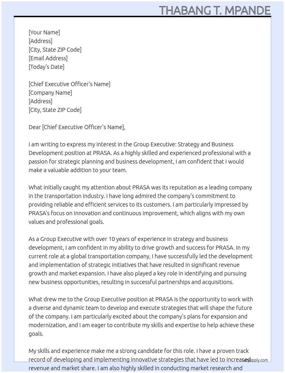 Cover letter for group executive: strategy and business development ...